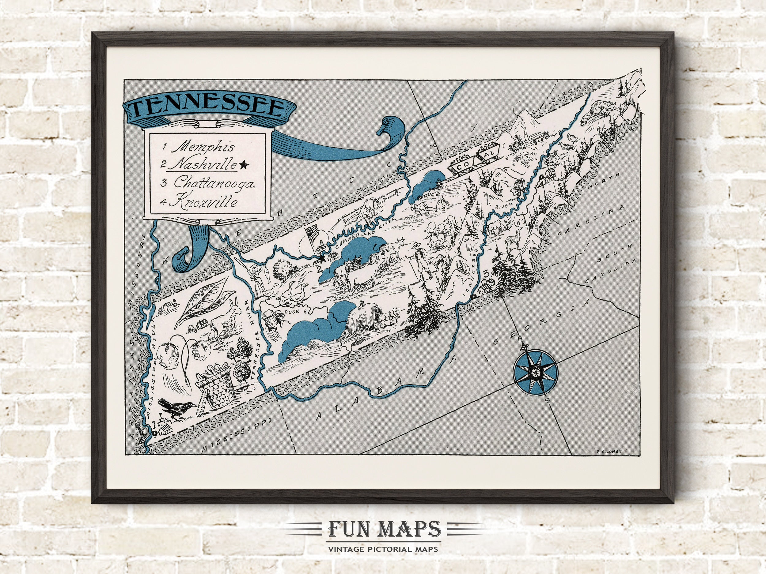 Fun Map of Tennessee Vintage Pictorial Whimsical Cartoon Print ...