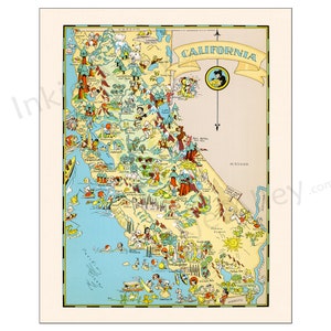 Fun State Map of California – Vintage Pictorial Whimsical Cartoon Print ...