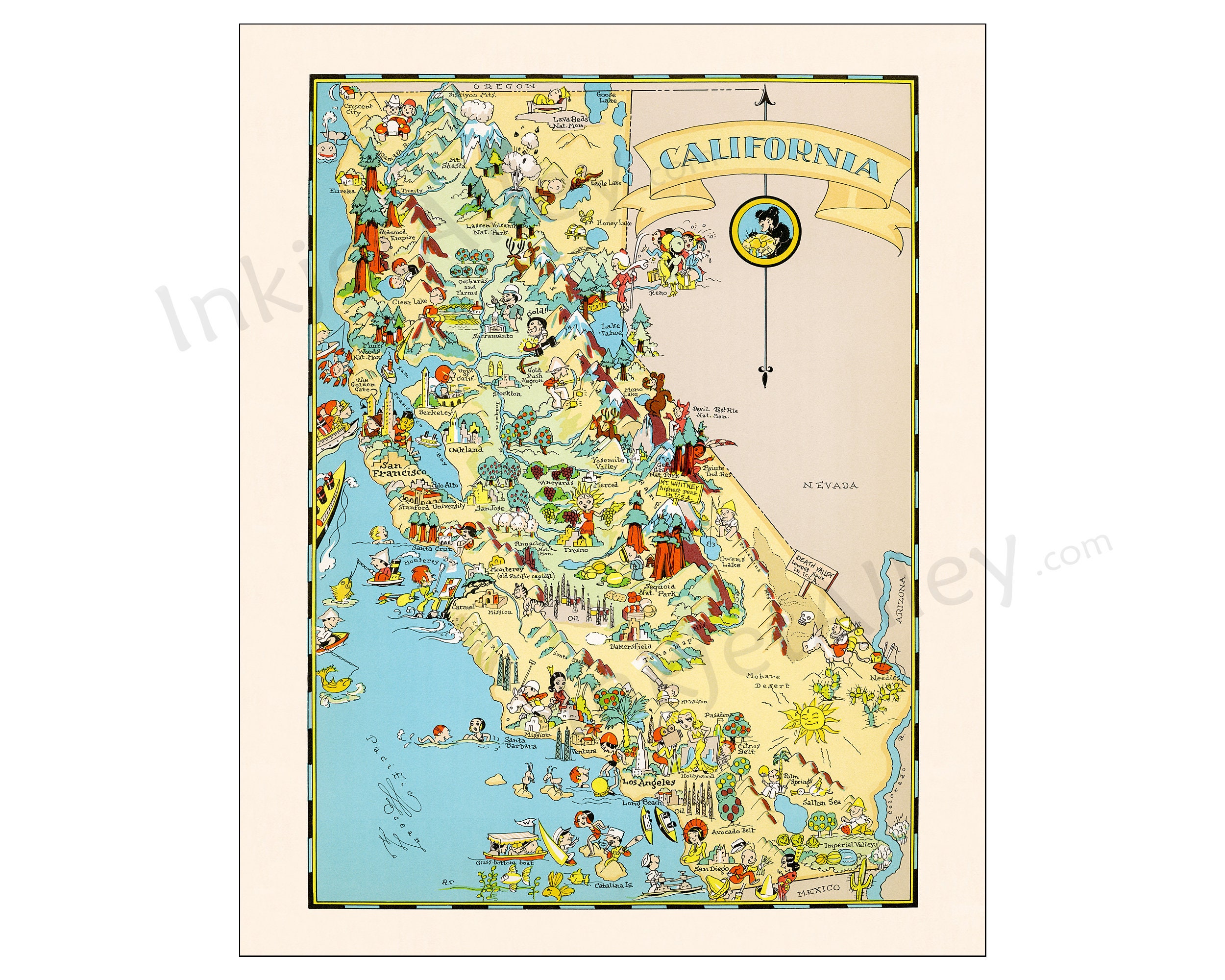 Fun State Map of California – Vintage Pictorial Whimsical Cartoon Print ...