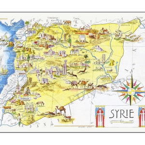 Old Map of Syria in the Middle East, Vintage Pictorial Cartoon Print ...