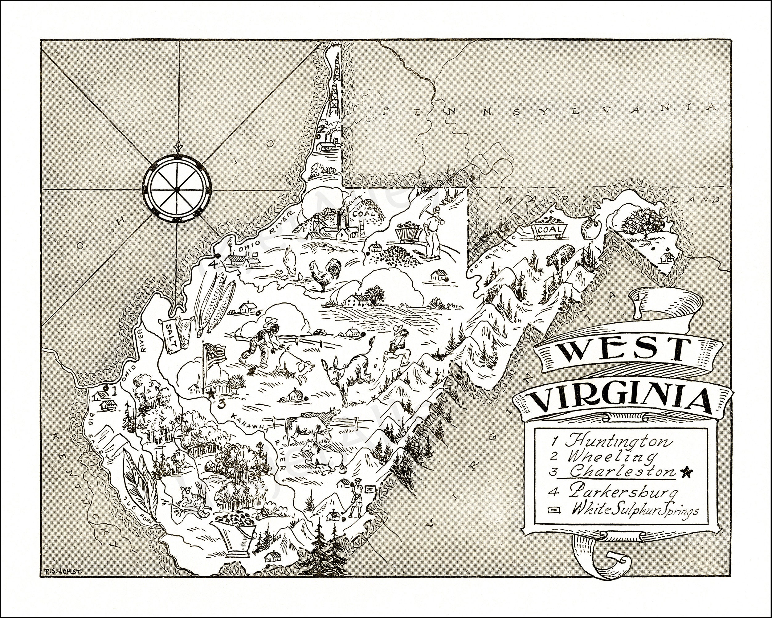 Vintage State Map of West Virginia Fun Pictorial Whimsical Cartoon ...