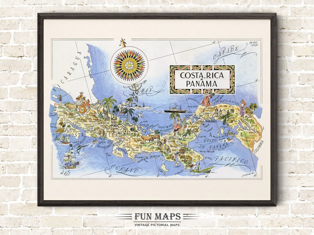 Fun Map of Costa Rica & Panama - Vintage Pictorial Whimsical Cartoon ...