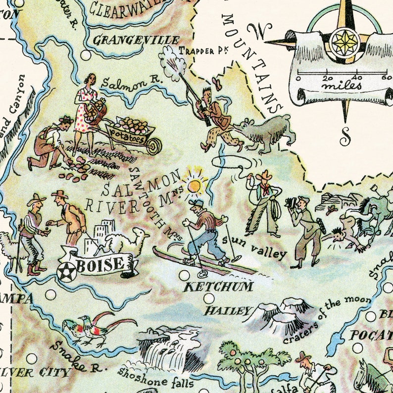 Fun State Map of Idaho Vintage Pictorial Whimsical Cartoon Print ...