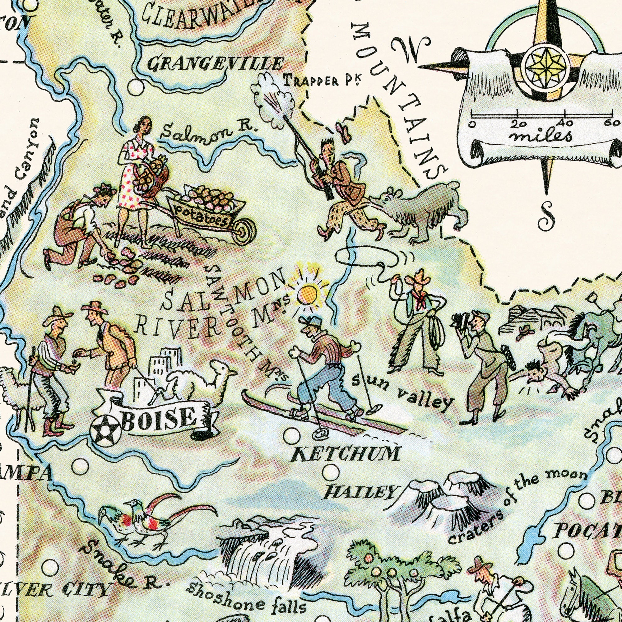 Fun State Map of Idaho Vintage Pictorial Whimsical Cartoon Print ...