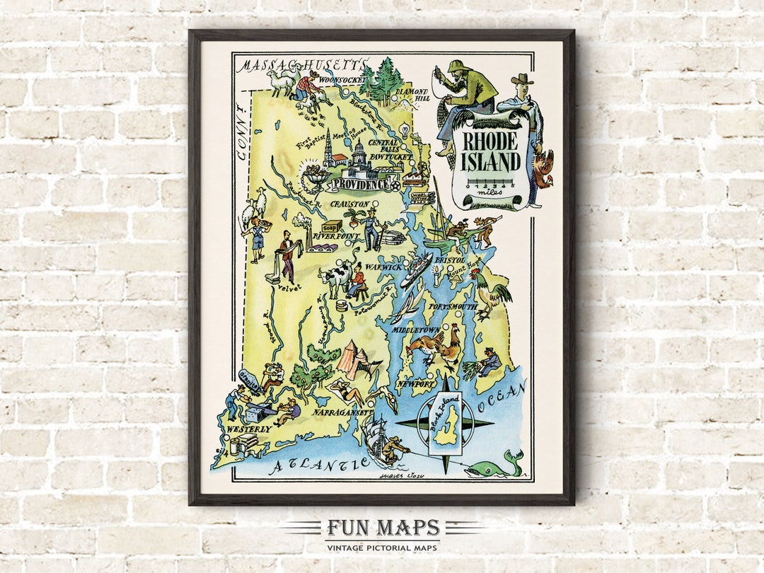 Fun State Map of Rhode Island – Vintage Pictorial Whimsical Cartoon ...