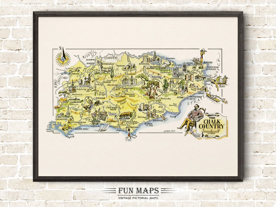 Fun Map of the Chalk Country in Great Britain, England, UK, Vintage ...