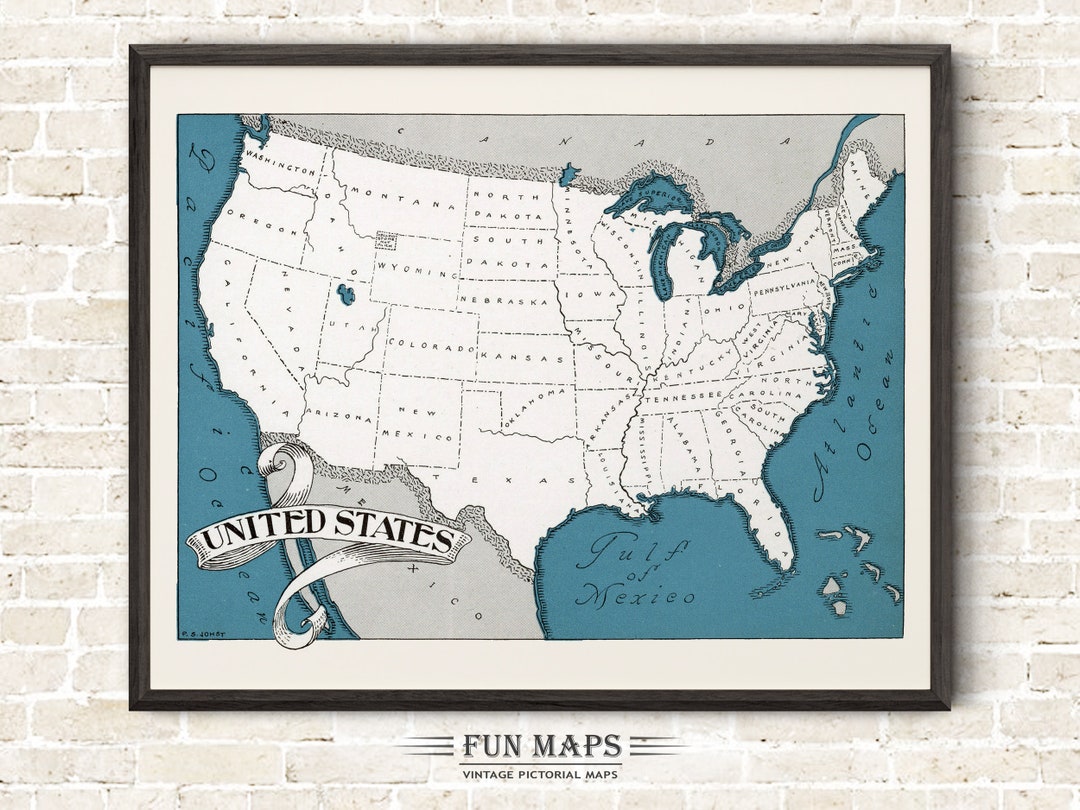 Fun Map of the United States – Vintage Pictorial Whimsical Cartoon ...