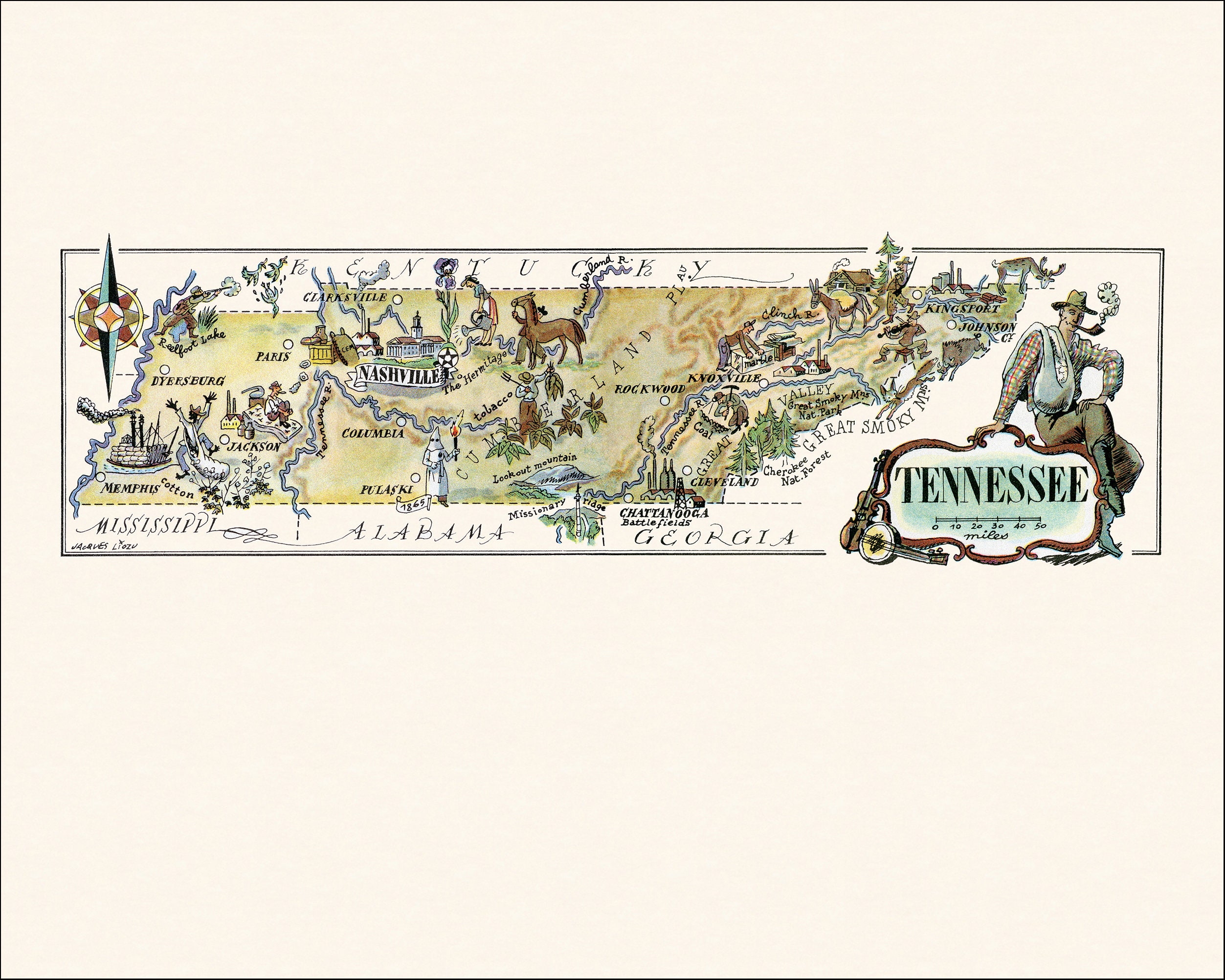Fun State Map of Tennessee Vintage Pictorial Whimsical Cartoon Print ...