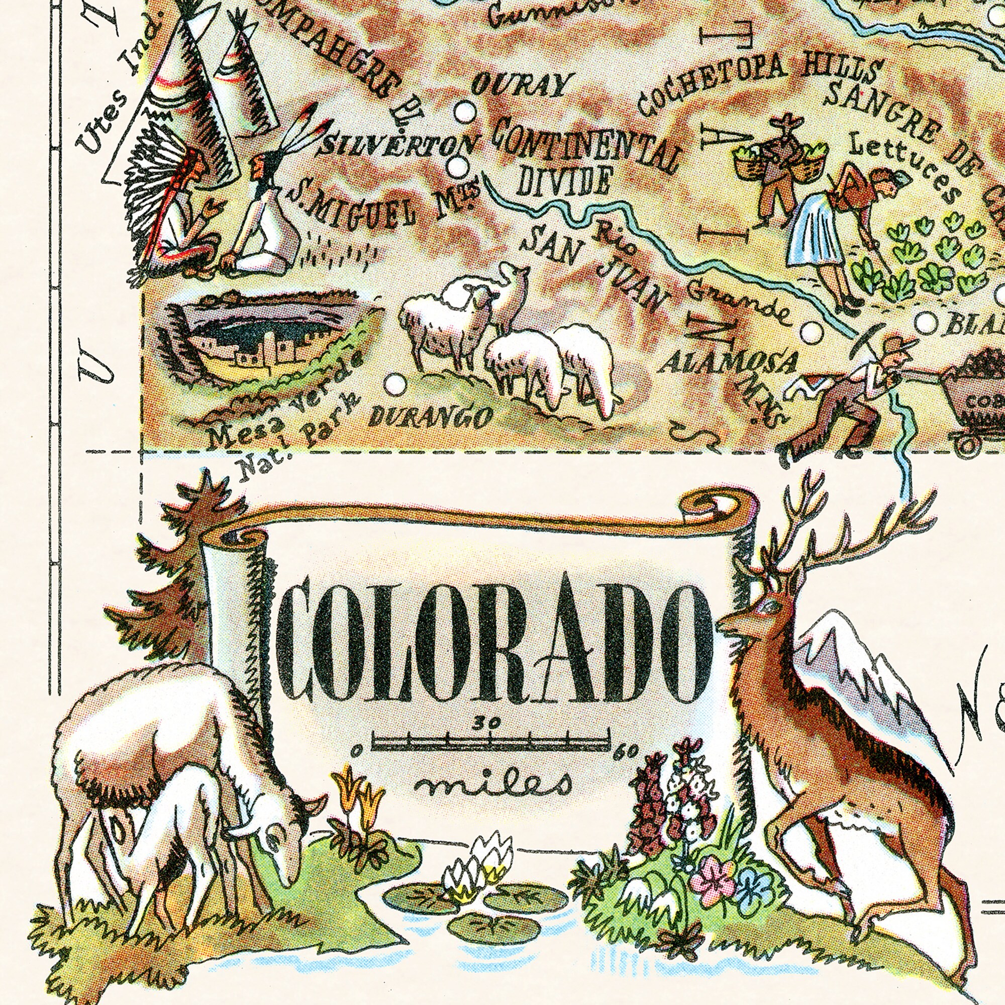 Fun State Map of Colorado Vintage Pictorial Whimsical Cartoon Print ...