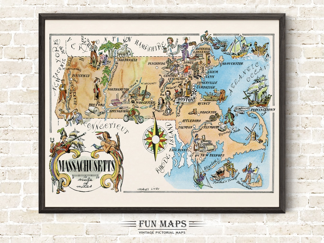 Fun State Map of Massachusetts – Vintage Pictorial Whimsical Cartoon ...
