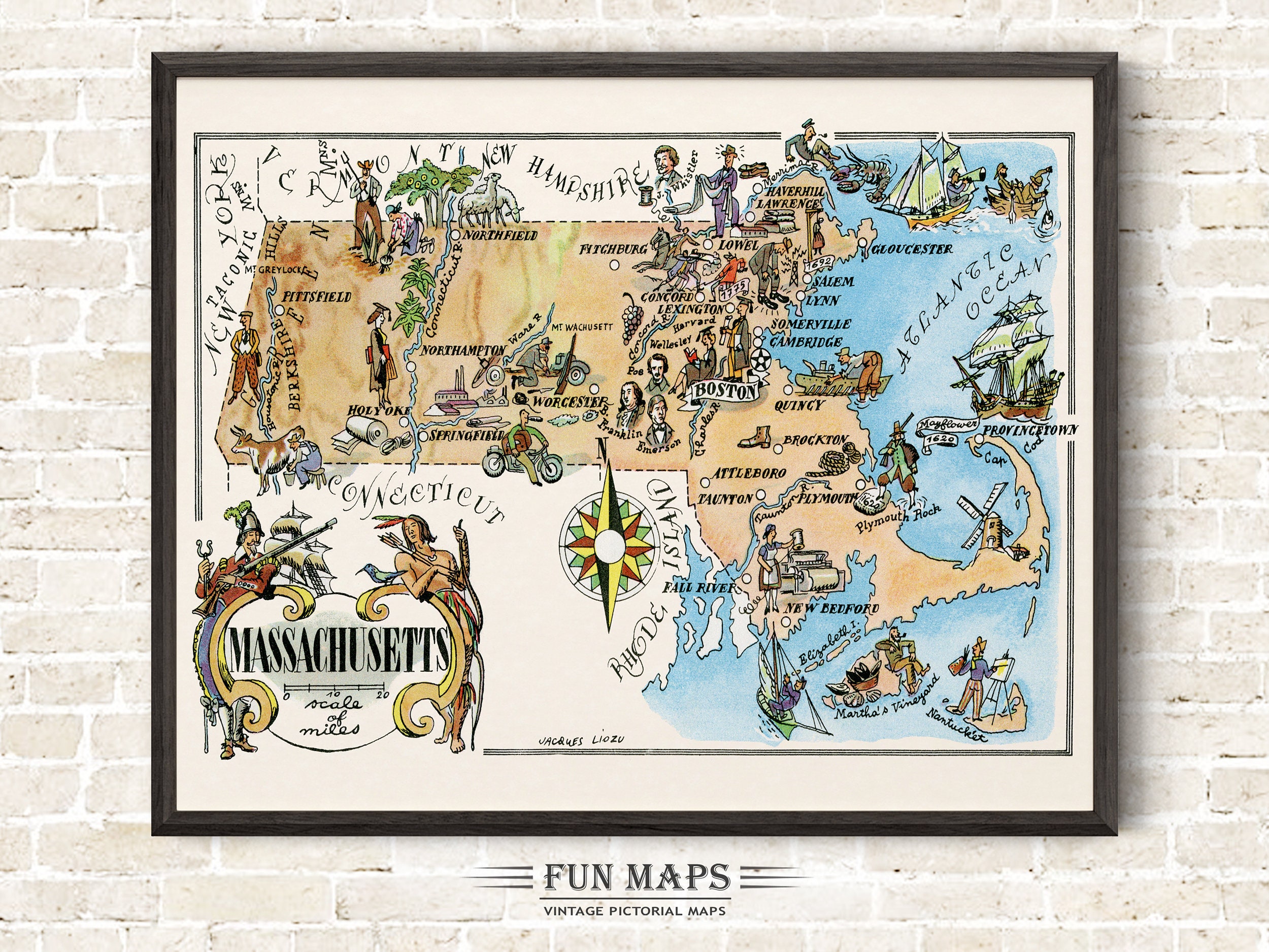 Fun State Map of Massachusetts Vintage Pictorial Whimsical Cartoon ...