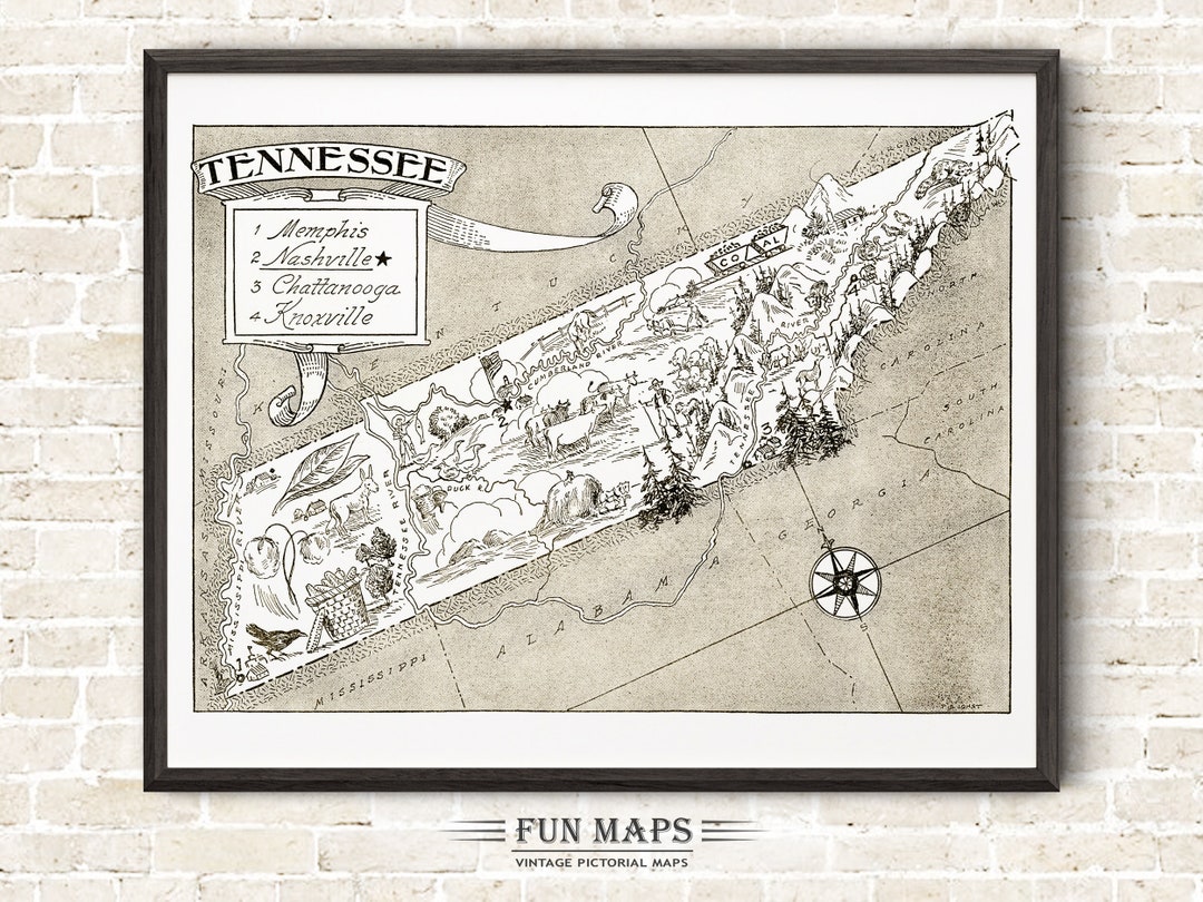Vintage State Map of Tennessee – Fun Pictorial Whimsical Cartoon Print ...