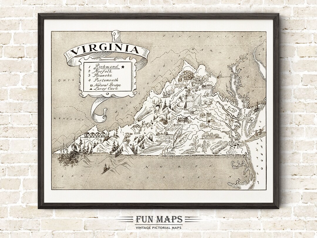Vintage State Map of Virginia – Fun Pictorial Whimsical Cartoon Print ...