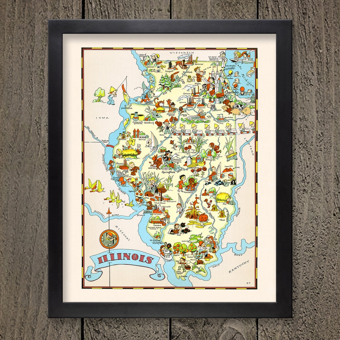 Colorful Fun State Map of Illinois Vintage Pictorial Cartoon - Etsy