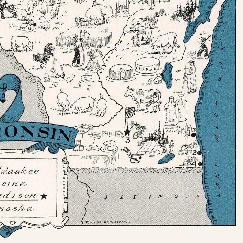 Fun Map of Wisconsin Vintage Pictorial Whimsical Cartoon - Etsy