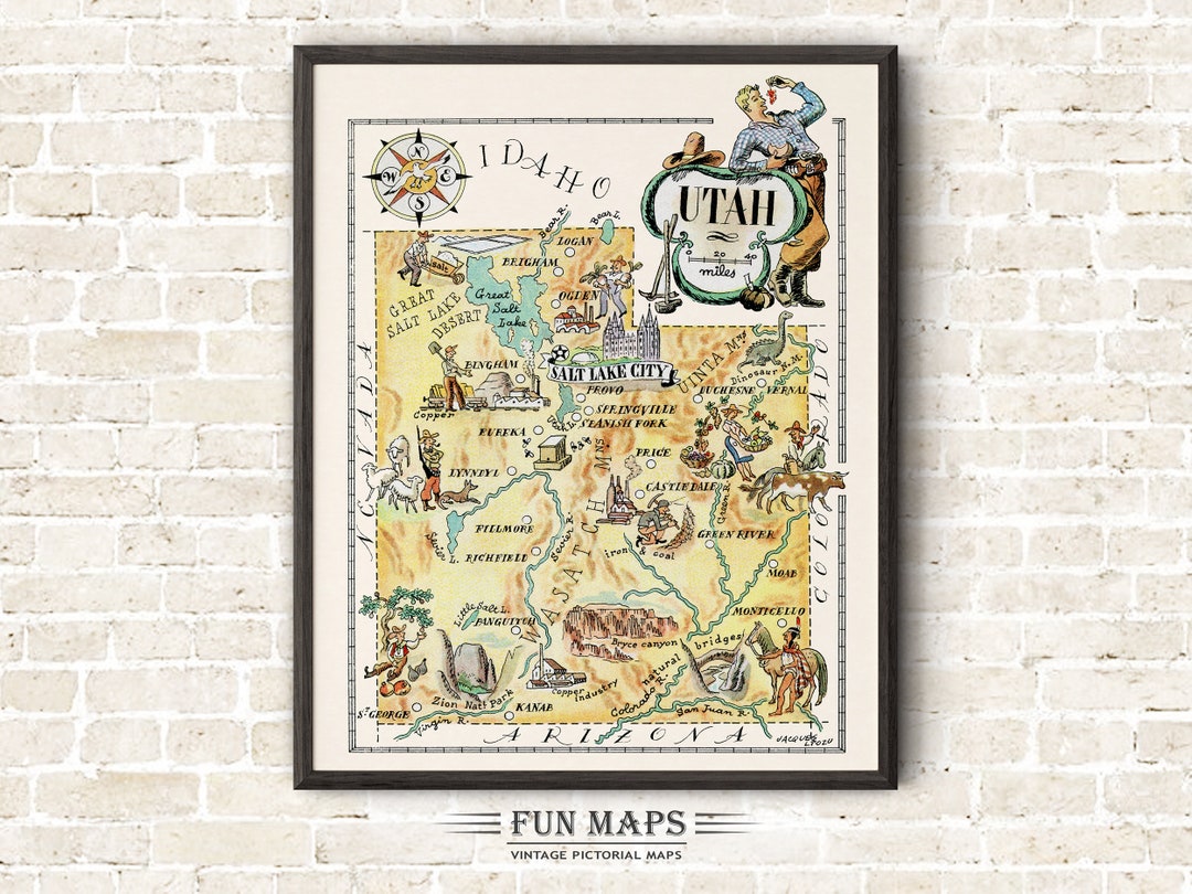 Fun State Map of Utah – Vintage Pictorial Whimsical Cartoon Print ...