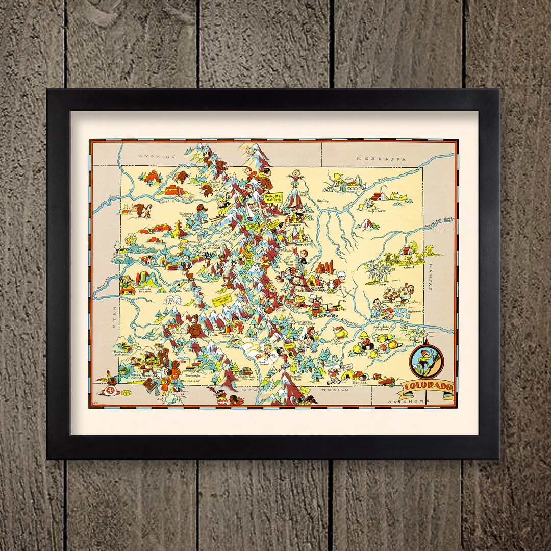 Fun State Map of Colorado Vintage Pictorial Cartoon Print - Etsy