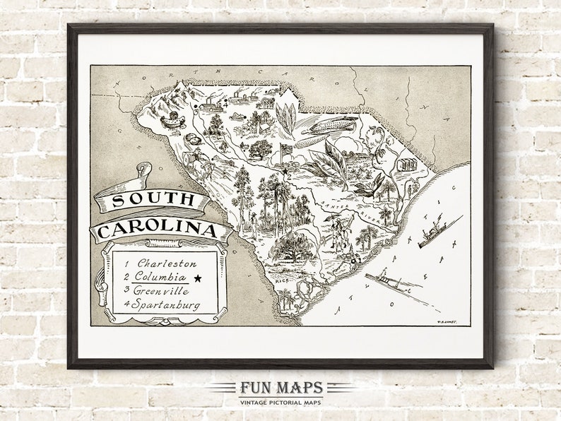 Vintage State Map of South Carolina Fun Pictorial Whimsical - Etsy