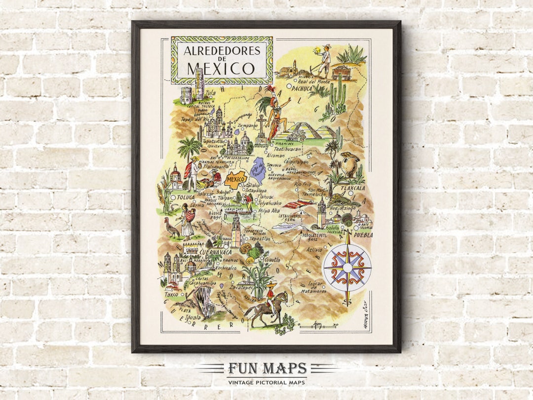 Fun Map of Mexico Central America - Vintage Pictorial Whimsical Cartoon ...