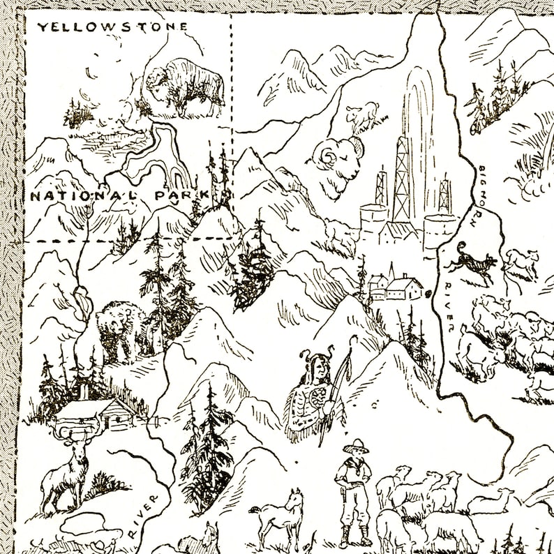 Vintage State Map of Wyoming Fun Pictorial Whimsical Cartoon Print ...