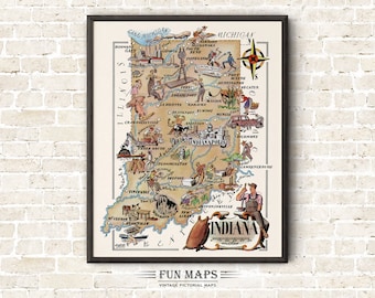 Fun State Map of Indiana – Digital Download PRINTABLE Vintage Pictorial ...
