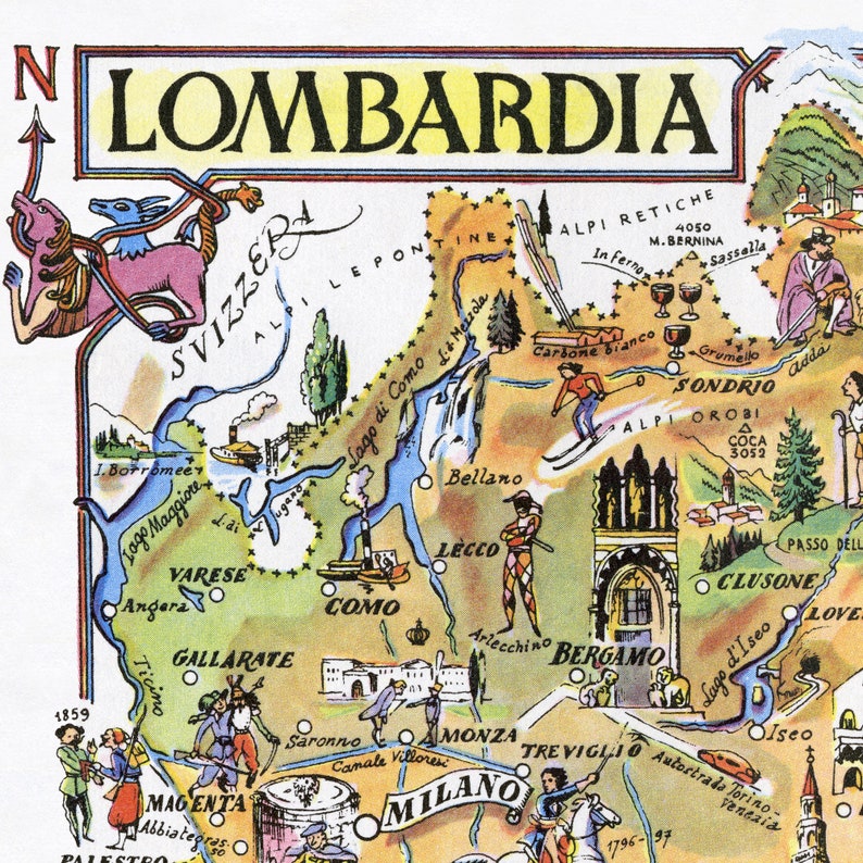 Fun Map of Lombardy in Italy Vintage Pictorial Whimsical Cartoon Old ...