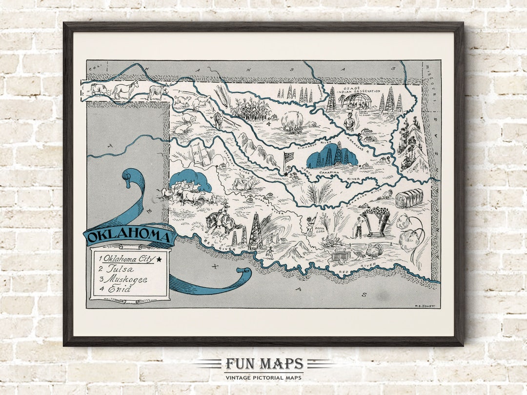 Fun Map of Oklahoma – Vintage Pictorial Whimsical Cartoon Print ...