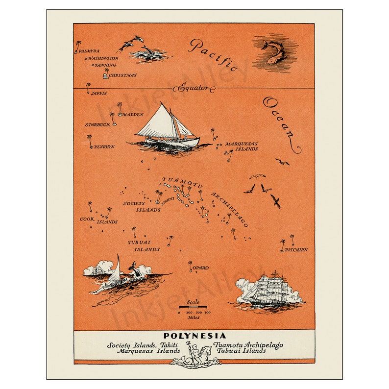 Map of Islands in Polynesia – Fun Vintage Pictorial Animated Cartoon ...