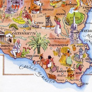 Fun Map of Sicily in Italy Vintage Pictorial Whimsical Cartoon Old ...
