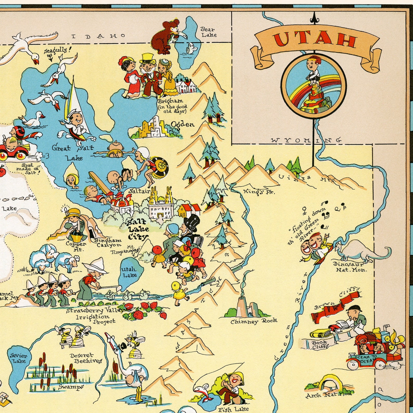 Fun State Map of Utah Vintage Pictorial Whimsical Cartoon Print ...