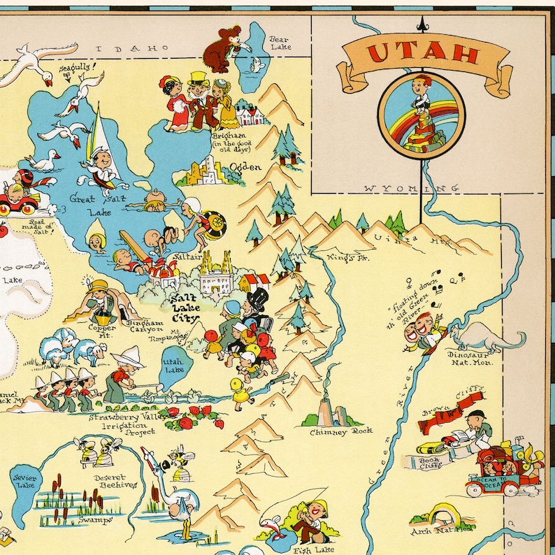 Fun State Map of Utah Vintage Pictorial Whimsical Cartoon Print ...