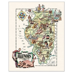 Fun State Map of Illinois – Vintage Pictorial Whimsical Cartoon Print ...