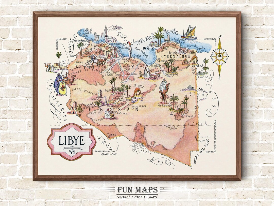 Fun Map of Libya in North Africa Vintage Pictorial Whimsical Cartoon ...