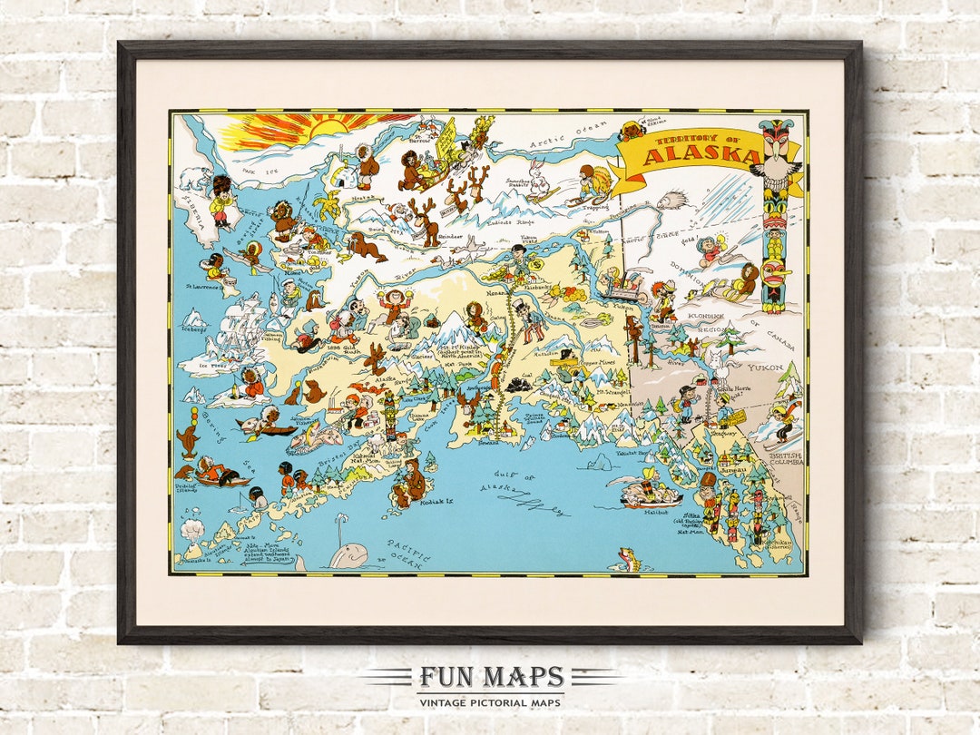 Fun State Map of Alaska – Vintage Pictorial Whimsical Cartoon Print ...