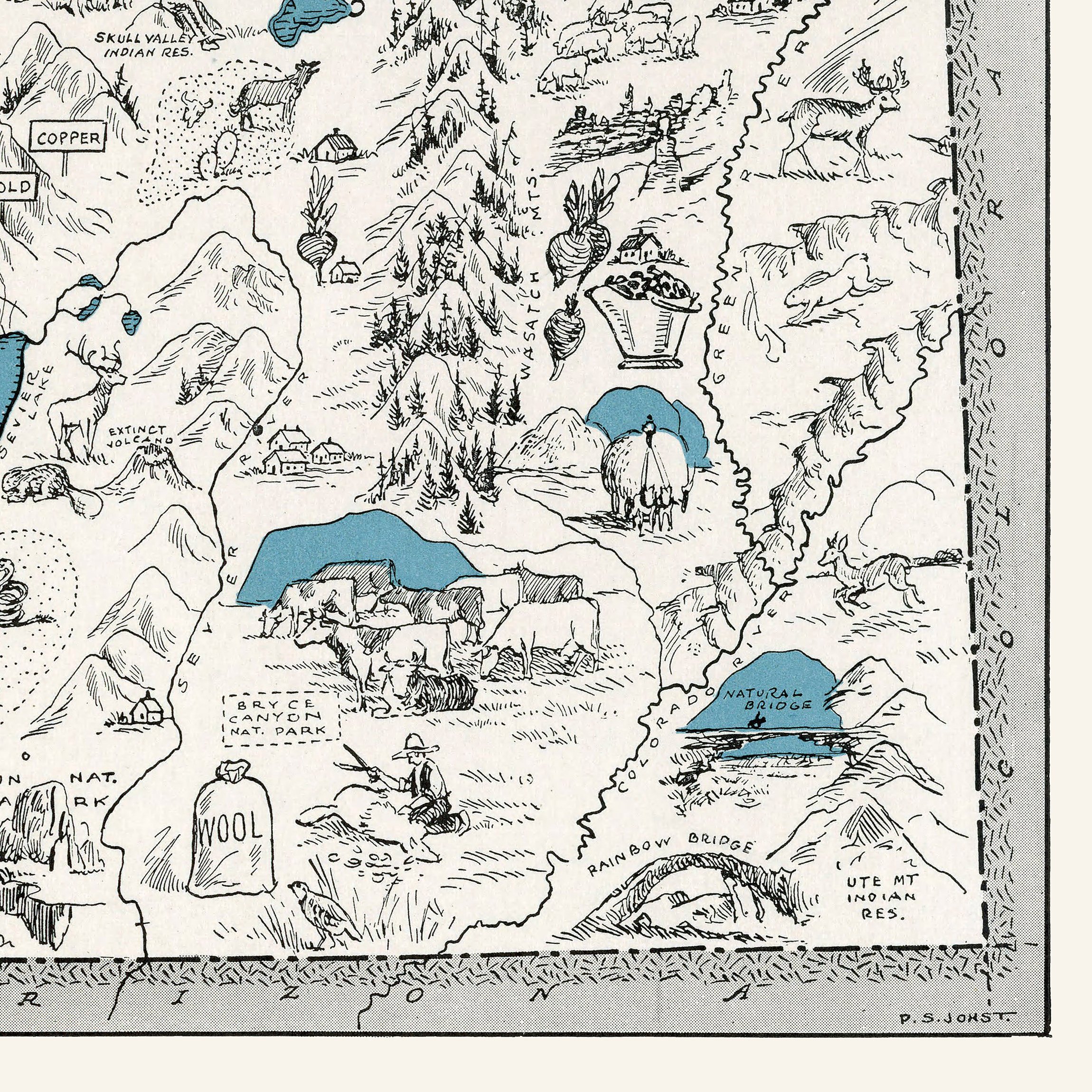 Fun Map of Utah Vintage Pictorial Whimsical Cartoon Print Illustration ...