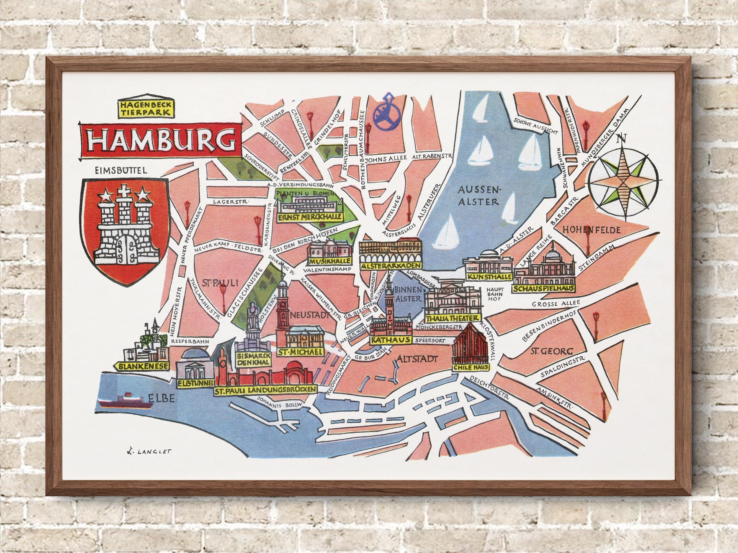 Fun Map of Hamburg in Germany, Deutschland, DE - Vintage Pictorial ...