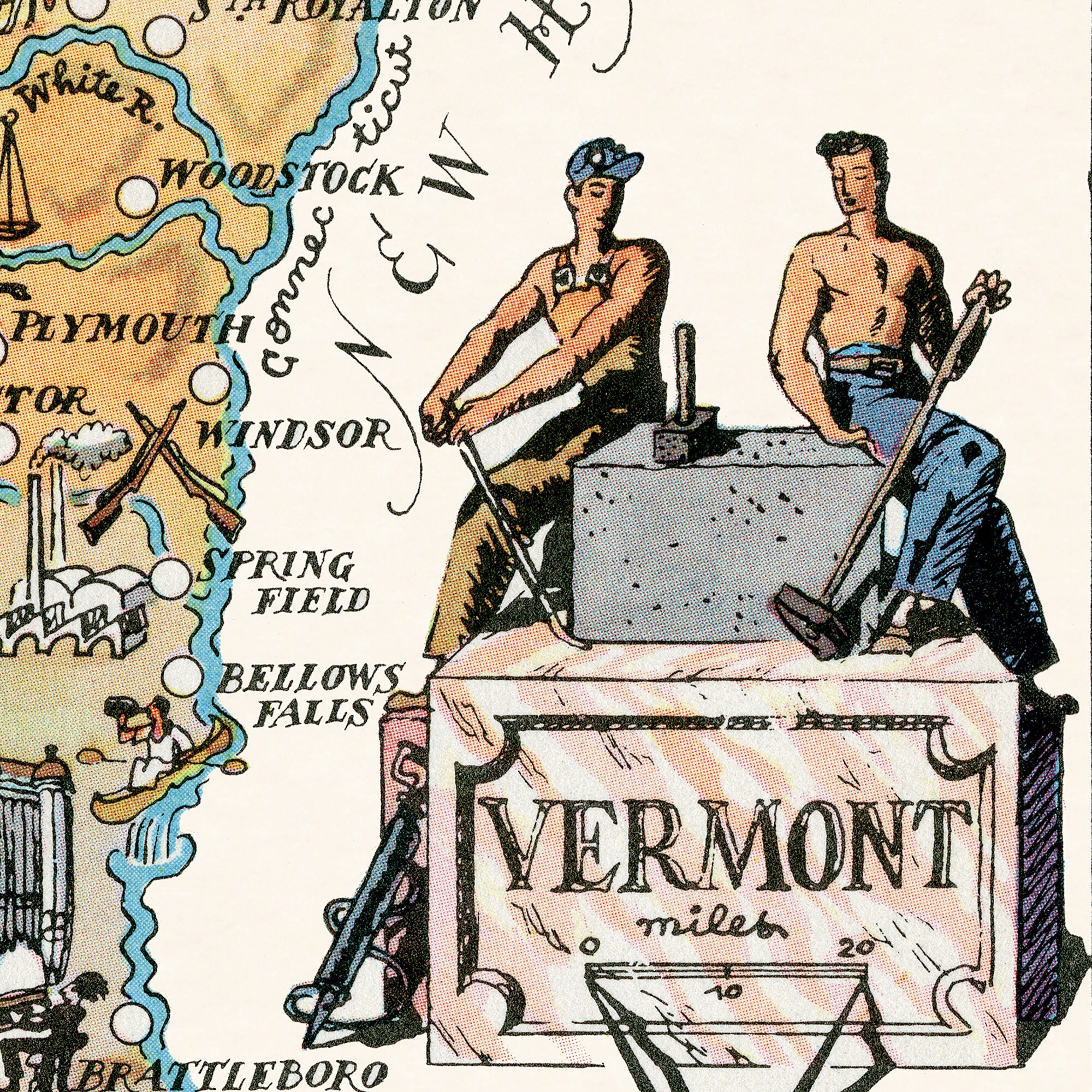 Fun State Map of Vermont – Vintage Pictorial Whimsical Cartoon Print ...