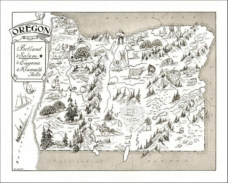 Vintage State Map of Oregon Fun Pictorial Whimsical Cartoon - Etsy