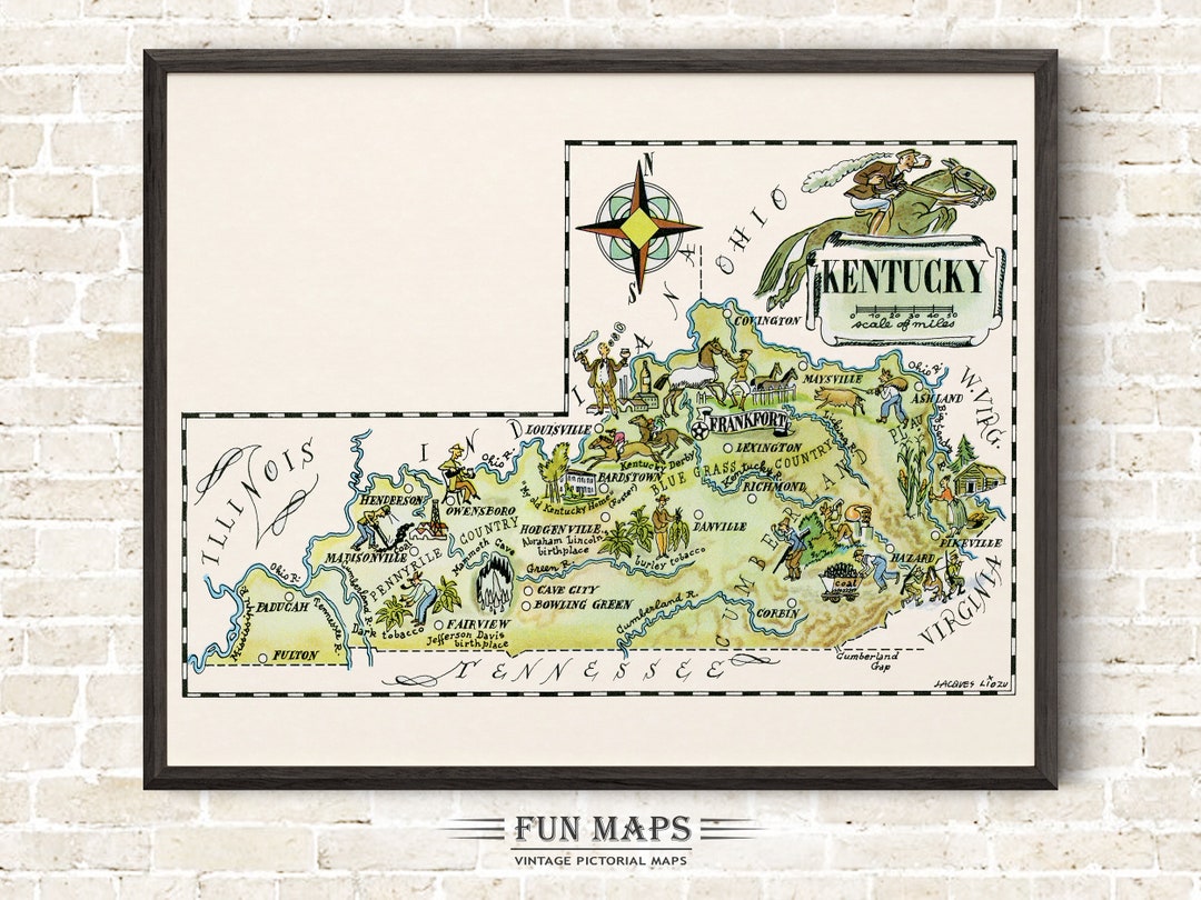 Fun State Map of Kentucky – Vintage Pictorial Whimsical Cartoon Print ...
