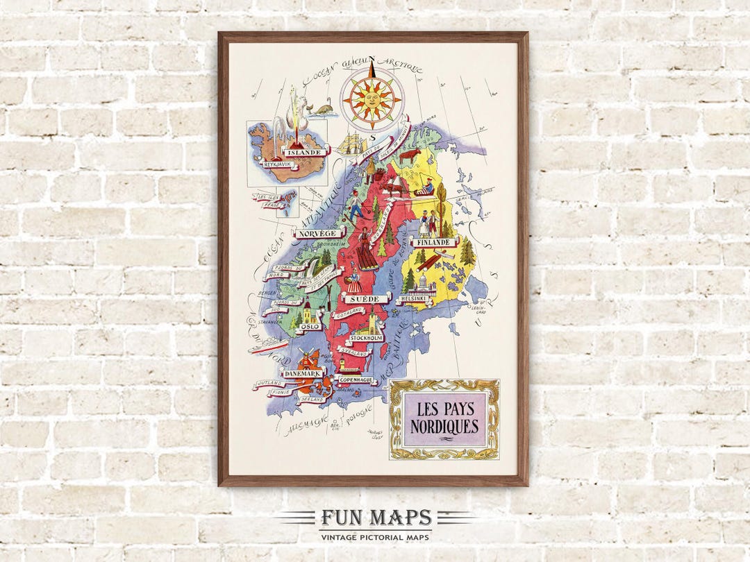 Fun Map of the Nordic Countries Vintage Pictorial Whimsical Cartoon ...