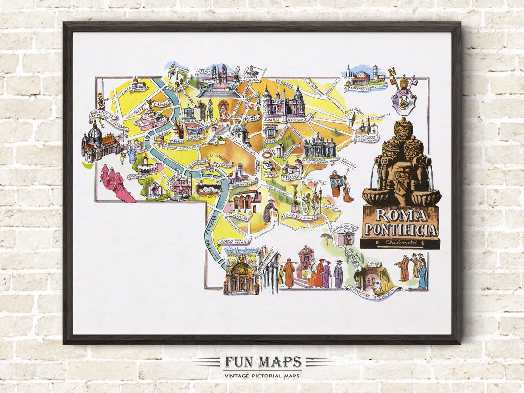 Fun Map of Rome in Italy Vintage Pictorial Whimsical Cartoon Old Print ...