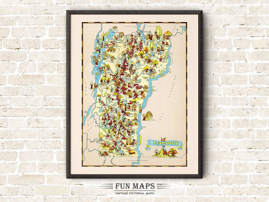 Fun State Map of Vermont – Vintage Pictorial Whimsical Cartoon Print ...