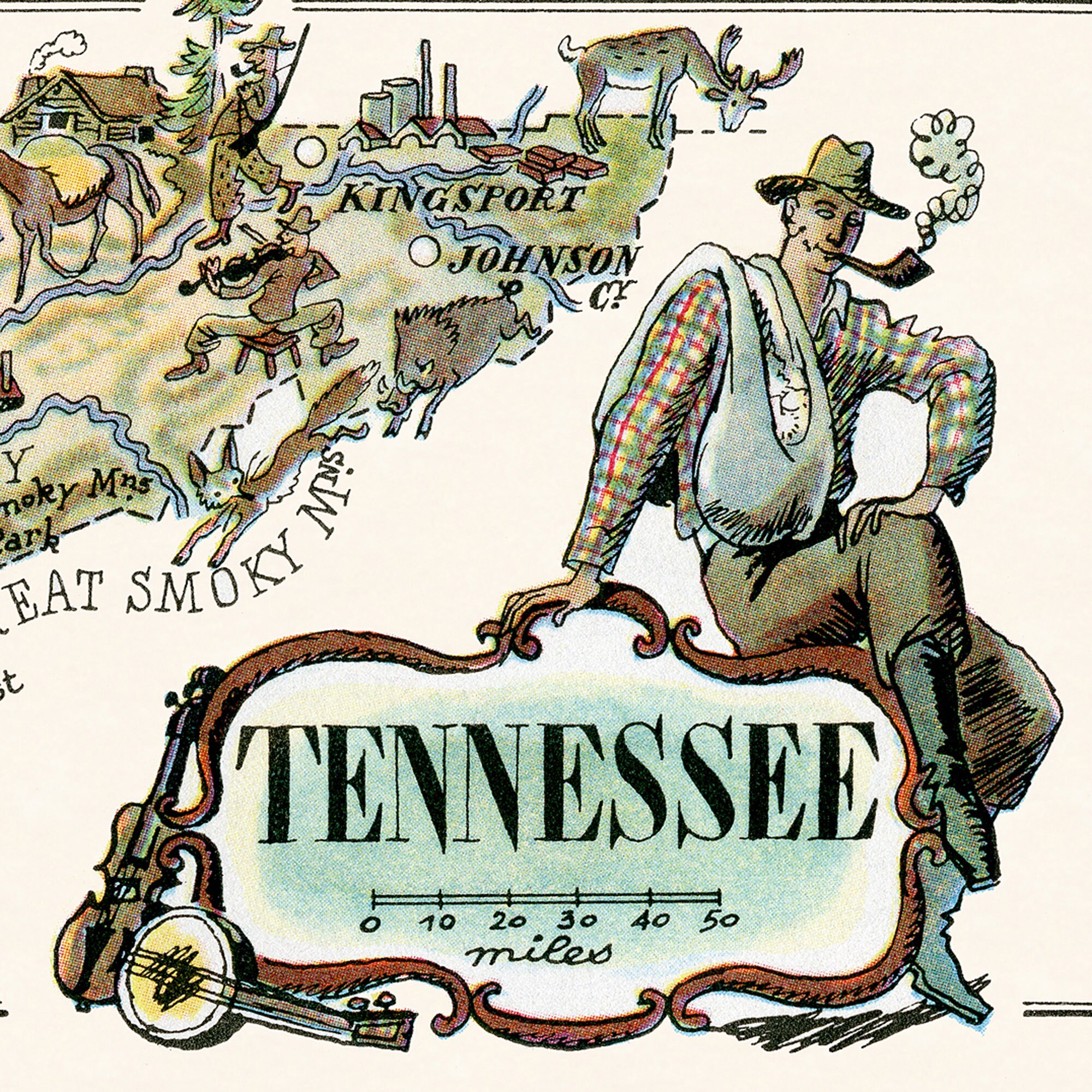 Fun State Map of Tennessee Vintage Pictorial Whimsical Cartoon Print ...