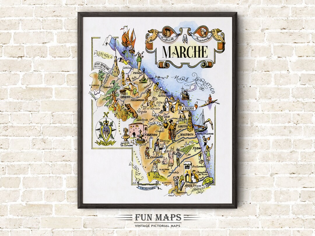 Fun Map of Marche in Italy Vintage Pictorial Whimsical Cartoon Old ...