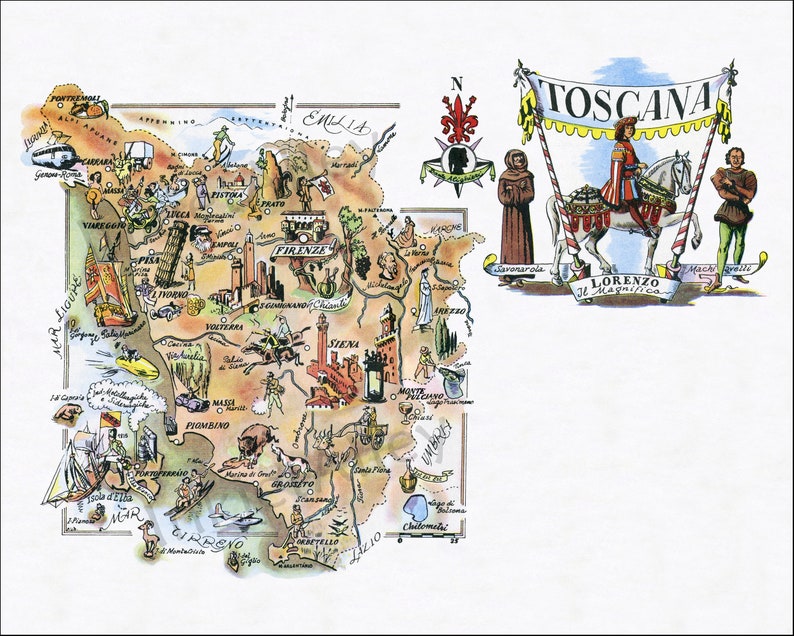 Fun Map of Tuscany in Italy Vintage Pictorial Whimsical Cartoon Old ...