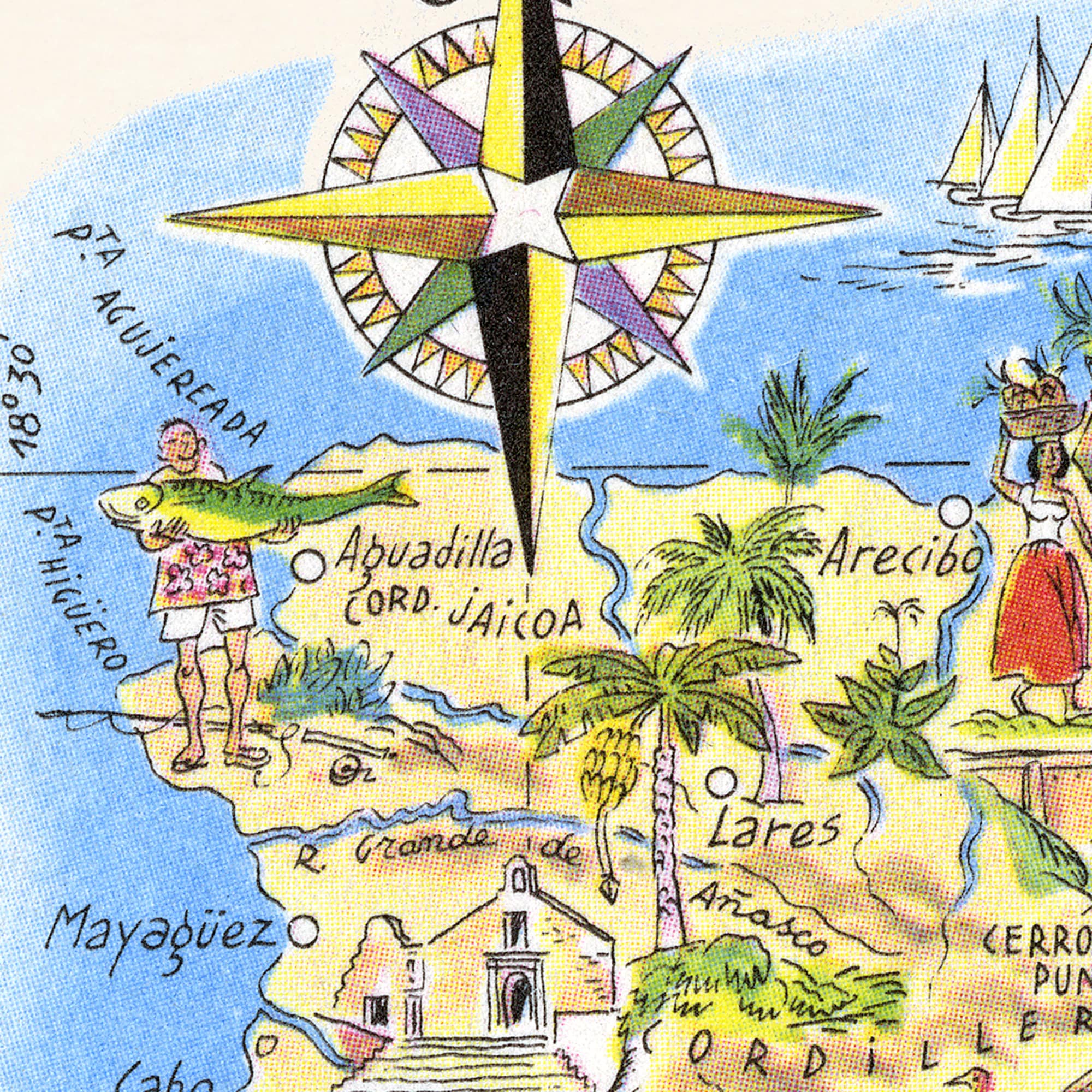 Fun Map of Puerto Rico in the Caribbean Vintage Pictorial Whimsical ...