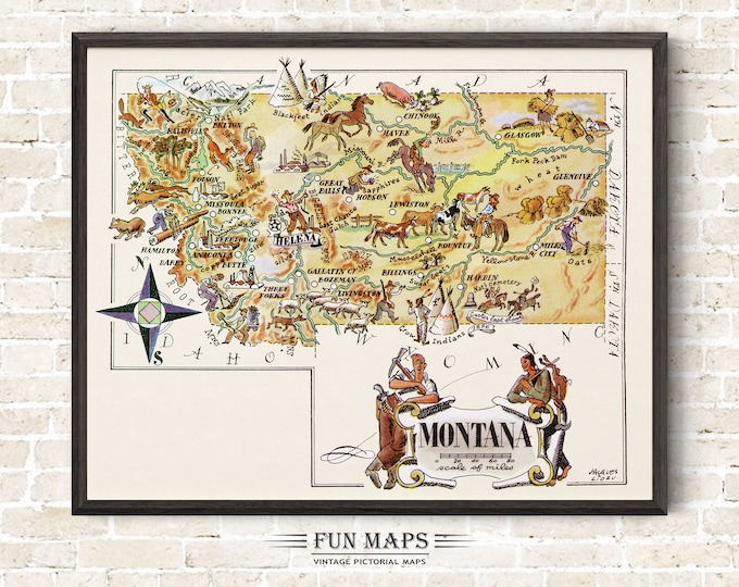 Fun State Map of Montana Vintage Pictorial Whimsical Cartoon Print ...