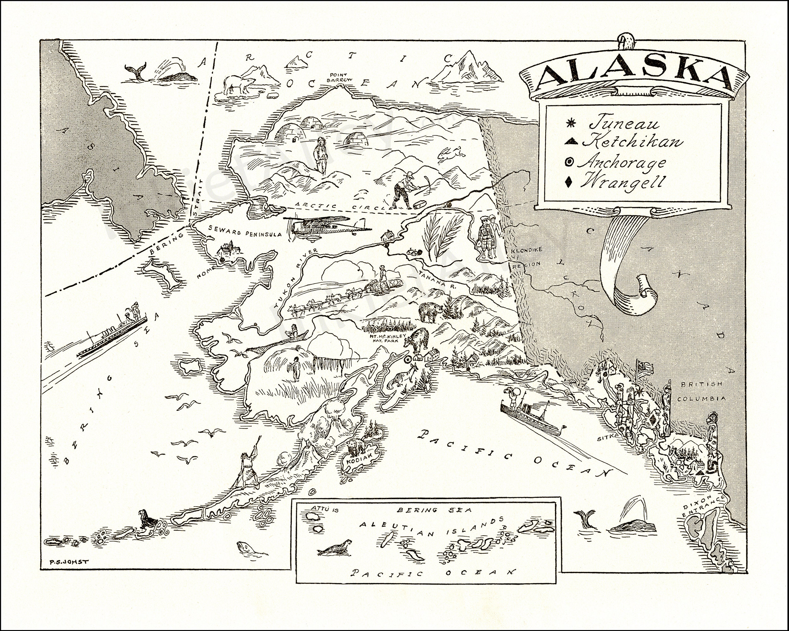 Vintage State Map of Alaska Fun Pictorial Whimsical Cartoon Print ...