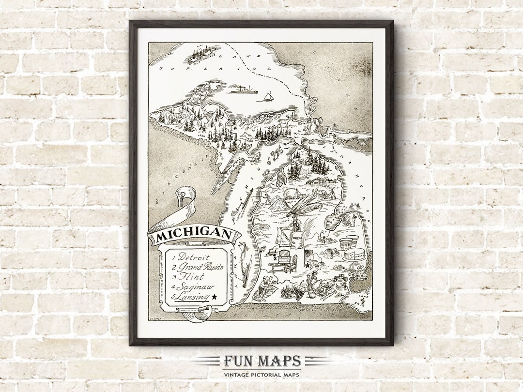 Vintage State Map of Michigan – Fun Pictorial Whimsical Cartoon Print ...