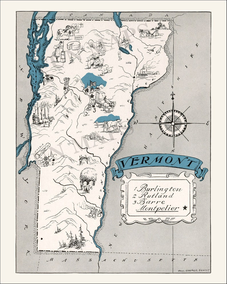 Fun Map of Vermont – Vintage Pictorial Whimsical Cartoon Print ...